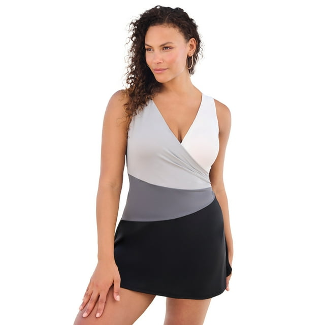 Swim 365 Women's Plus Size Colorblock Fit-And-Flare Swim Dress ...