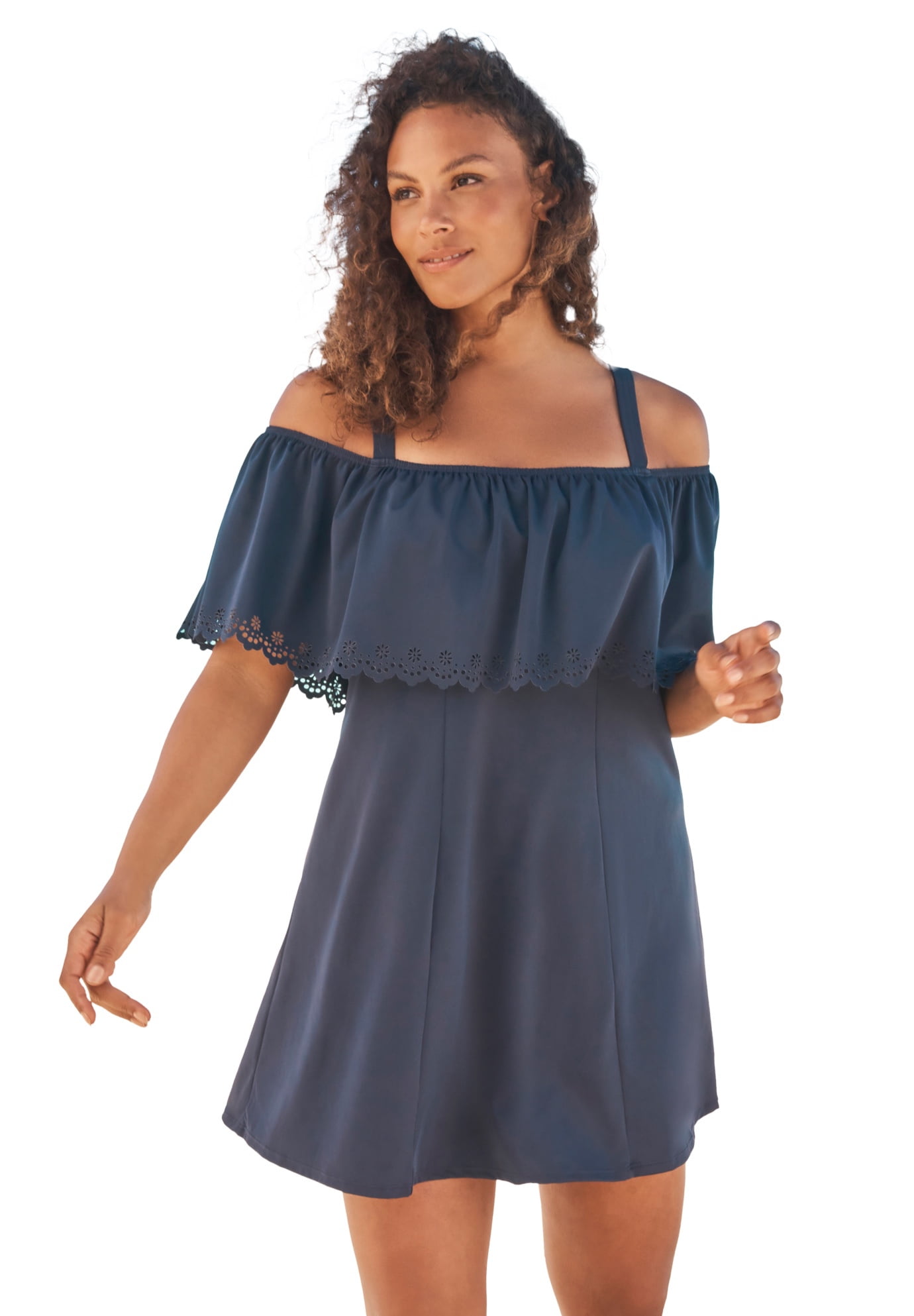 Swim 365 Women's Plus Size Laser-Cut Off-The-Shoulder Swim Dress - 24 ...