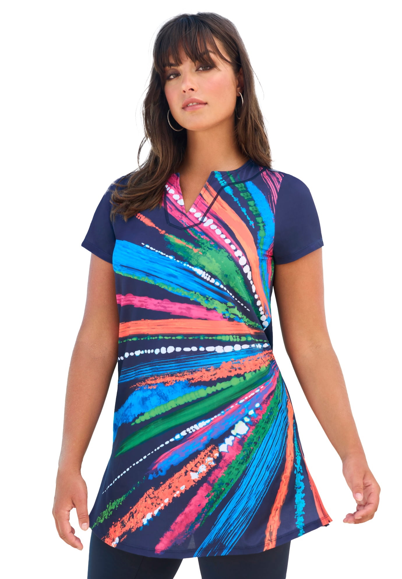 Swim 365 Women's Plus Size Longer-Length Notch-Neck Short-Sleeve Swim ...