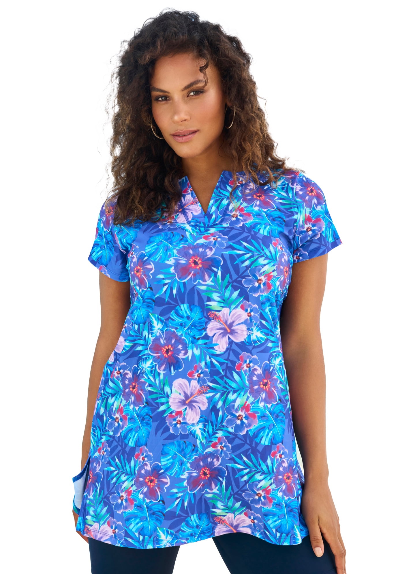 Swim 365 Women's Plus Size Longer-Length Notch-Neck Short-Sleeve Swim ...