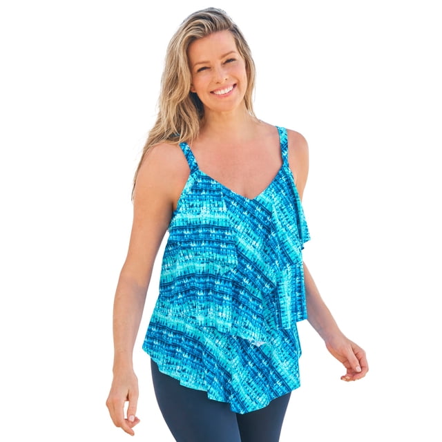 Swim 365 Women's Plus Size Longer-Length Tiered-Ruffle Tankini Top ...