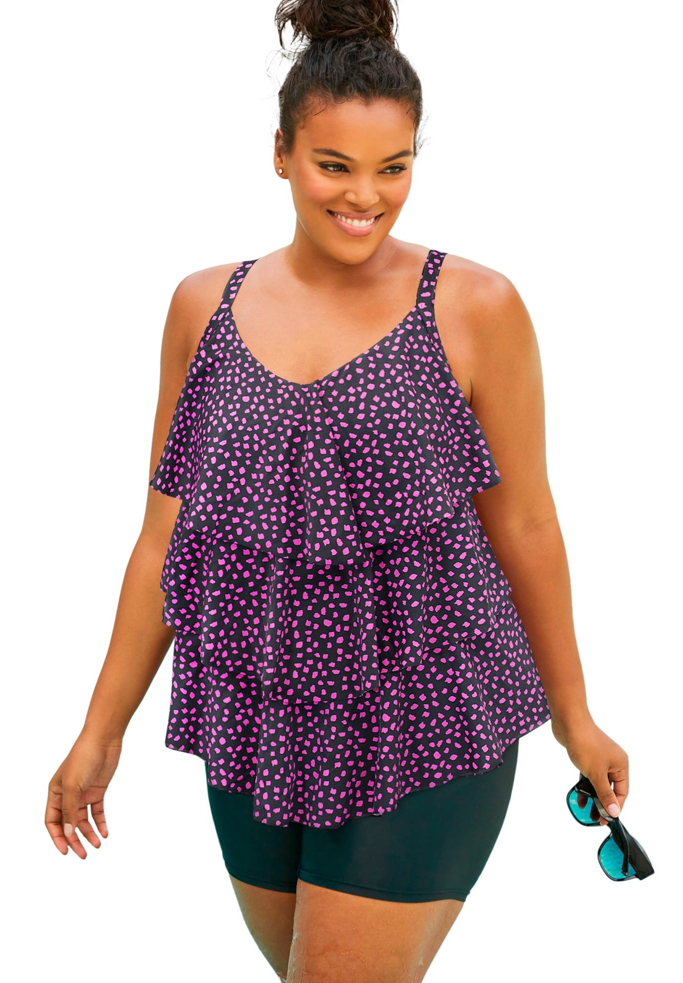 Swim 365 Women's Plus Size Longer-Length Tiered-Ruffle Tankini Top ...