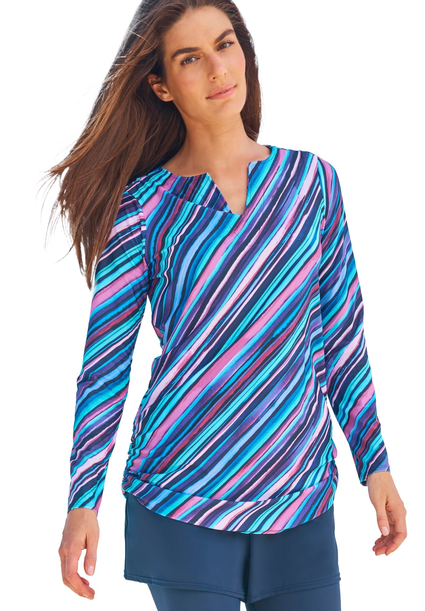 Swim 365 Women's Plus Size Split-Neck Long Sleeve Swim Tee With Built ...