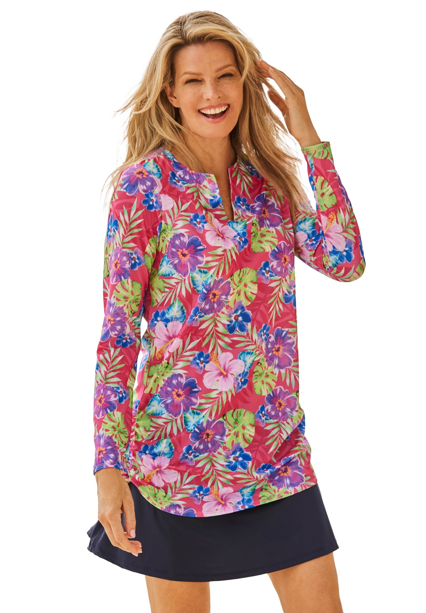 Swim 365 Women's Plus Size Split-Neck Long Sleeve Swim Tee With Built ...