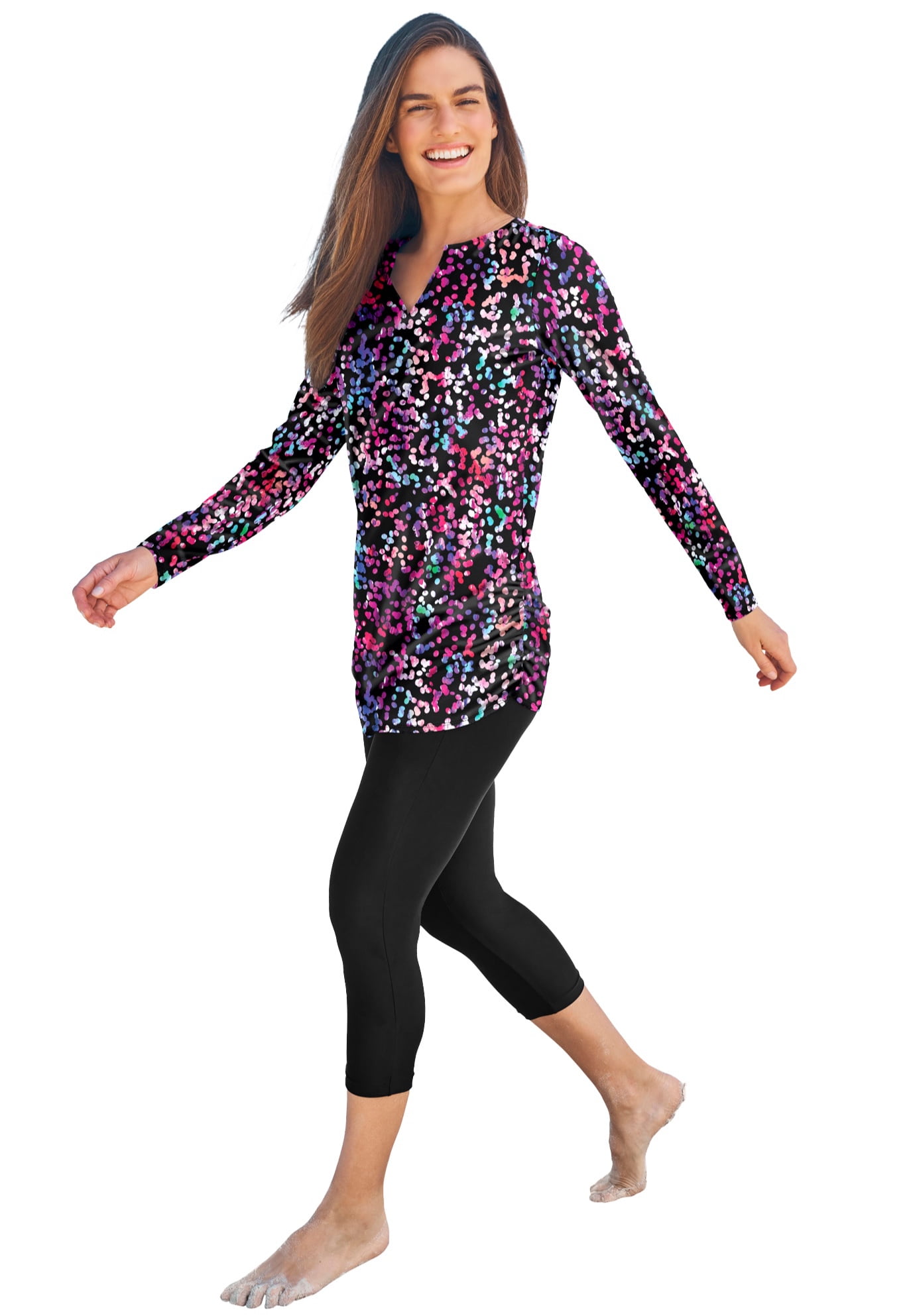 Swim 365 Women's Plus Size Split-Neck Long Sleeve Swim Tee With Built ...