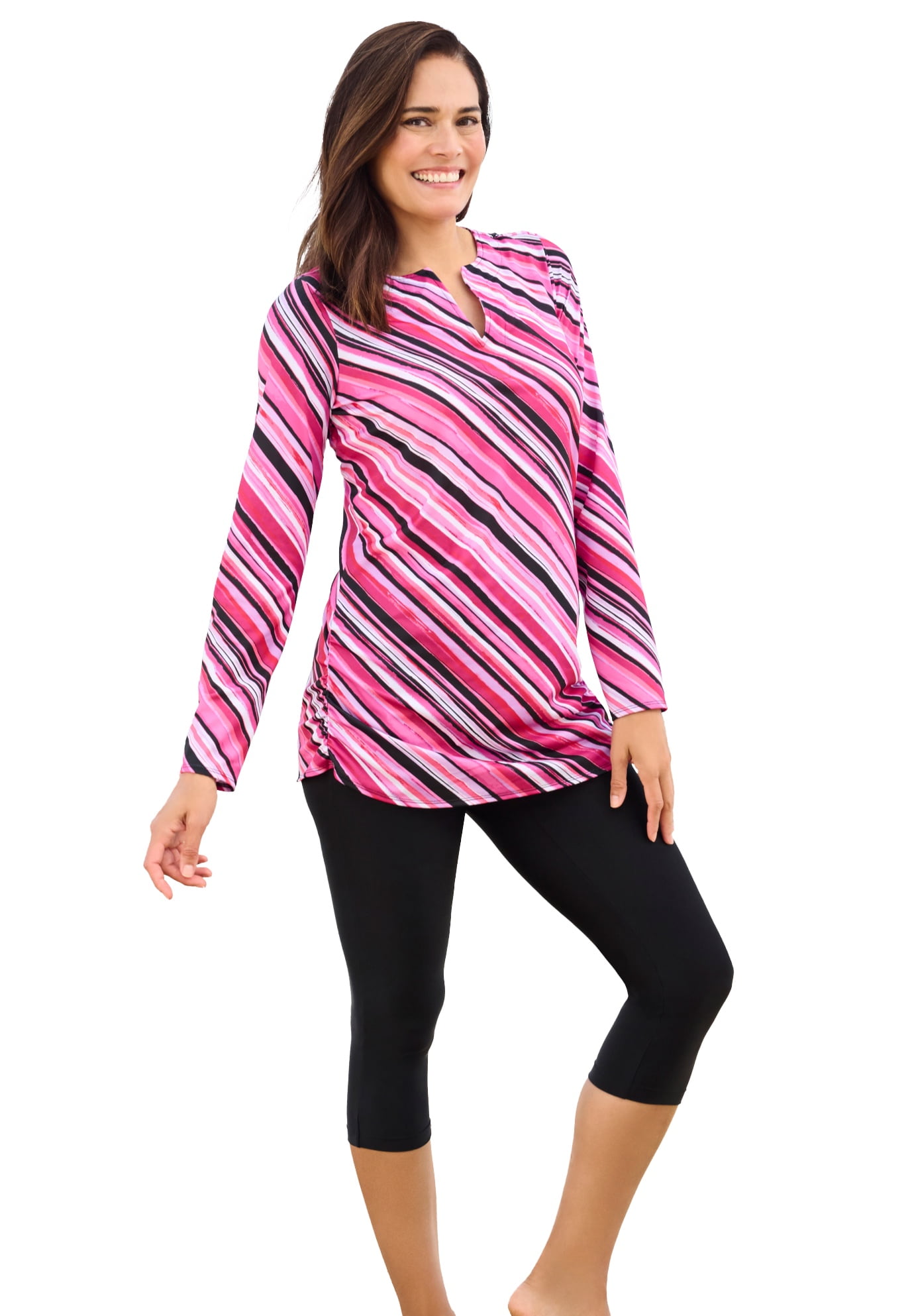 Swim 365 Women's Plus Size Split-Neck Long Sleeve Swim Tee With Built ...