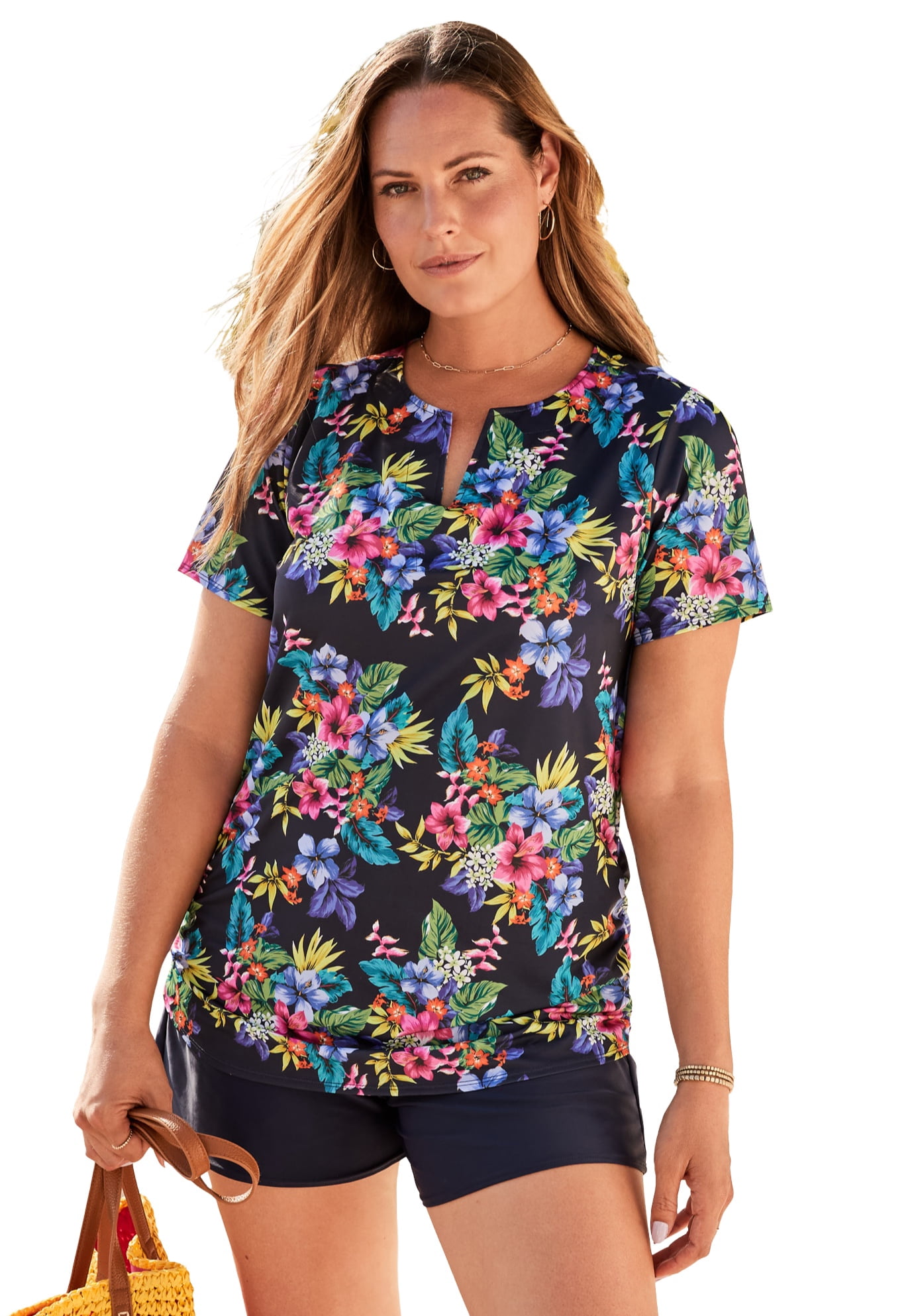 Swim 365 Women's Plus Size Split-Neck Short-Sleeve Swim Tee With Built ...