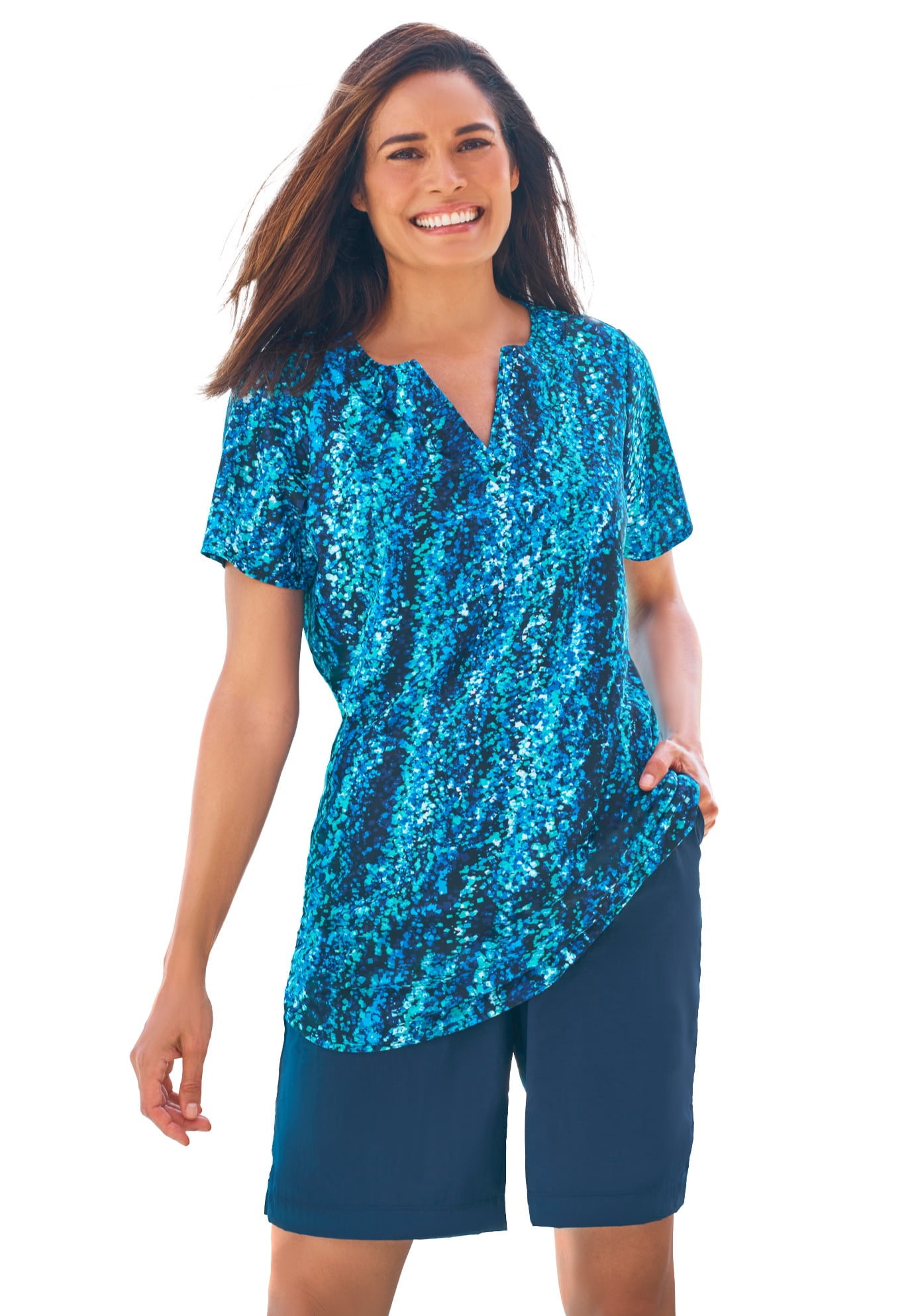 Swimsuits For All Women's Plus Size Split-Neck Swim Tee Top with Built ...