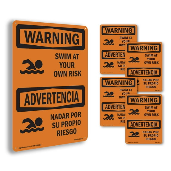 Swim At Your Own Risk With Symbol Bilingual OSHA WARNING Aluminum Sign ...