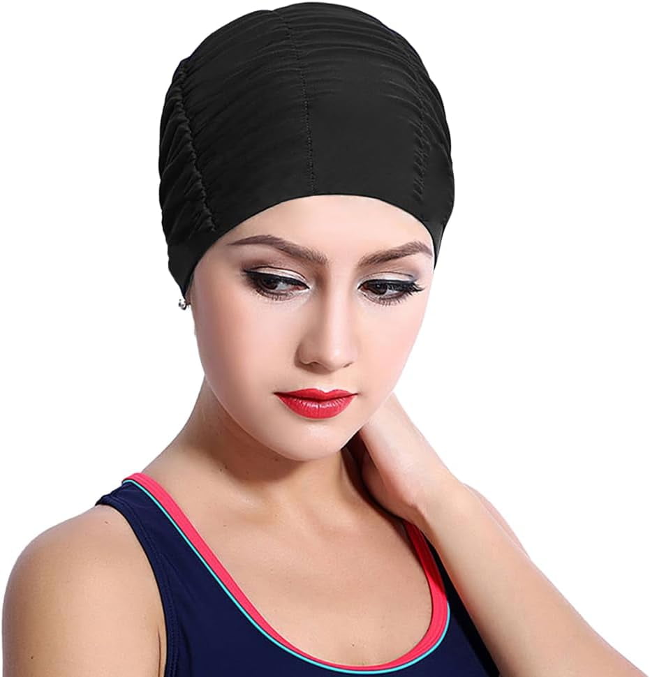 Swim Caps for Women Swimming Turban Polyester Latex Lined Pleated for ...