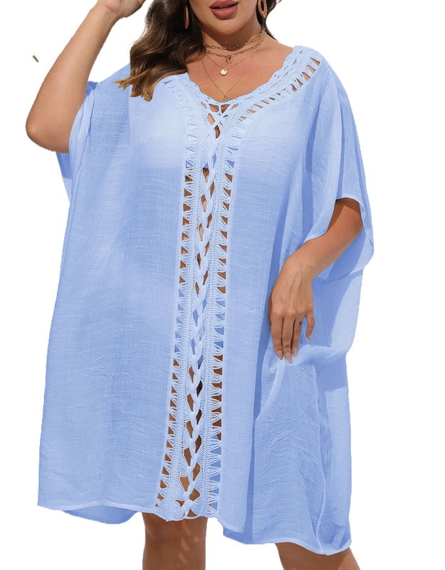 Swim Cover Ups for Women Plus Size Crochet V-Neck Swimsuit Cover Up ...