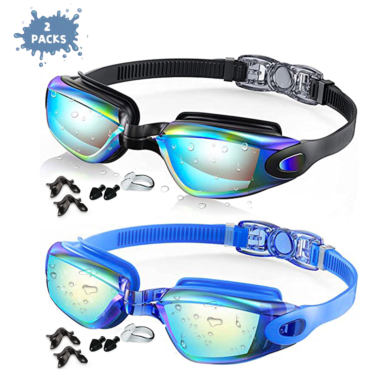 2 Pack Anti-UV Anti-Fog Swim Goggles for Adults, Wide View Water Sports ...