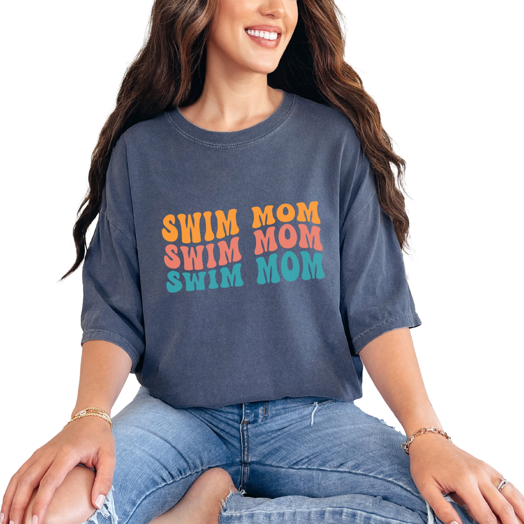 Swim Mom, Mother of a Swimmer Themed, Groovy Retro Wavy Text, Denim ...