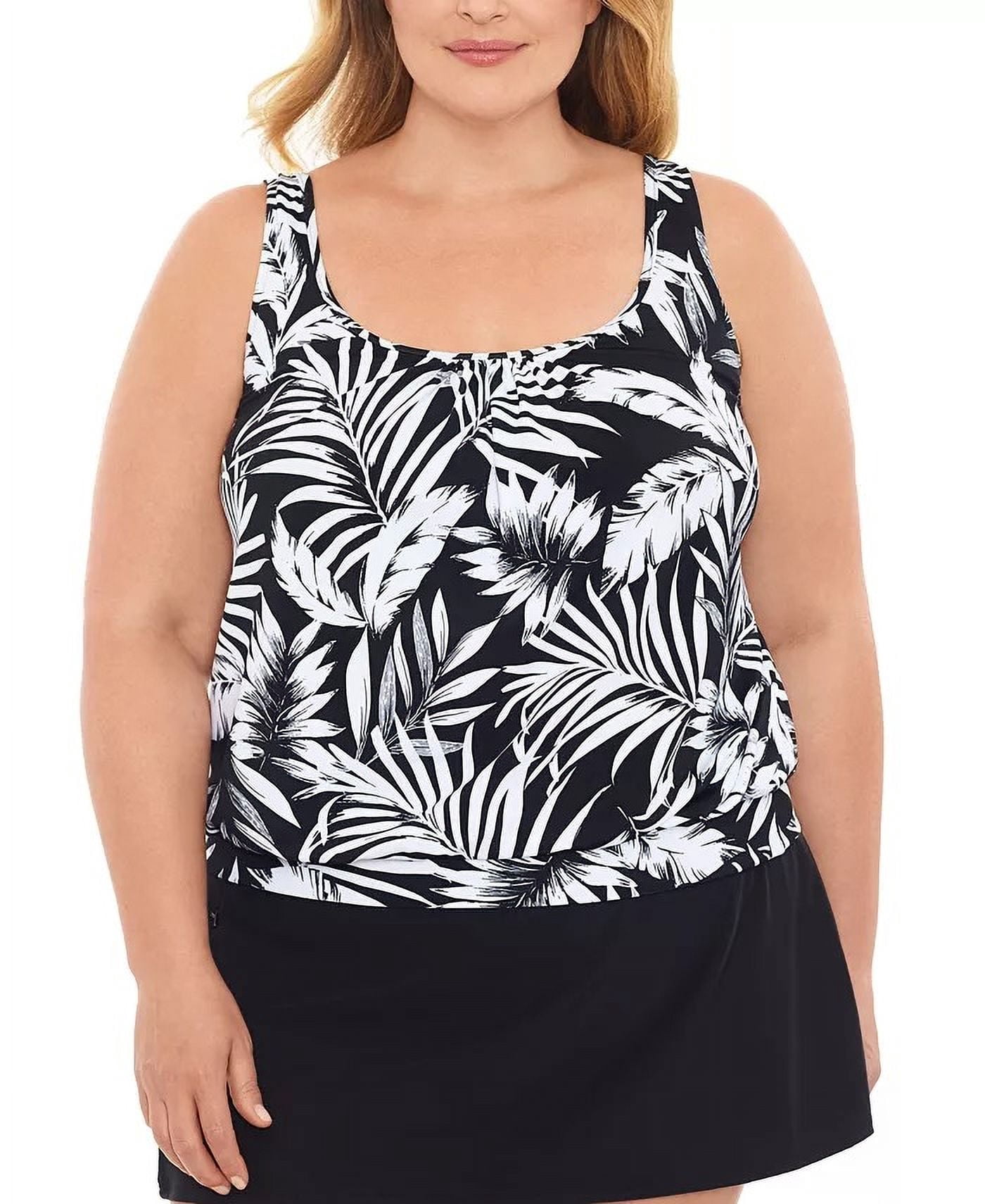Swim Solutions FEATHER BLOOM BLACK Plus Size Shirred-Neck Tankini Top ...