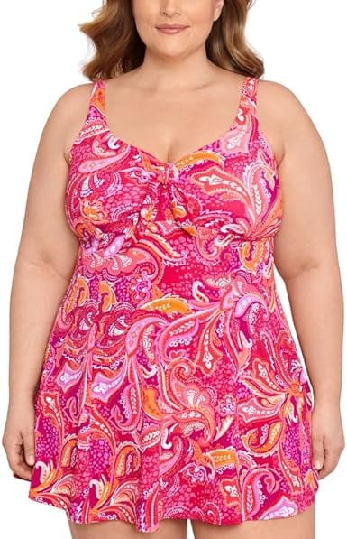 Swim Solutions Women's Plus Size Printed Tummy-Control Bow-Front ...