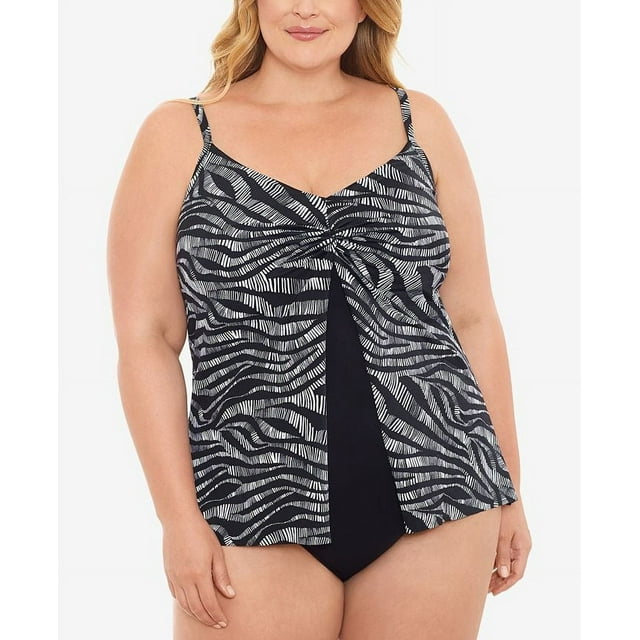 Swim Solutions Motion Lines Black Flyaway Fauxkini One Piece Swimsuit
