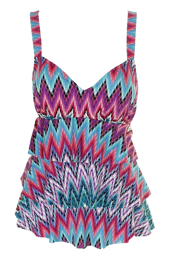 Swim Solutions Womens Teal Multi Island Sunset Tummy-Control Tiered ...