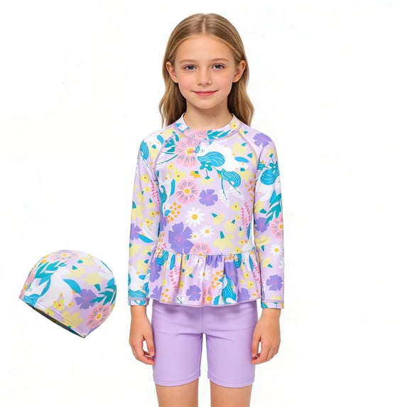 Swim Suits for Girls Long Sleeve Sun Cute Floral Ruffle Surfing Two ...
