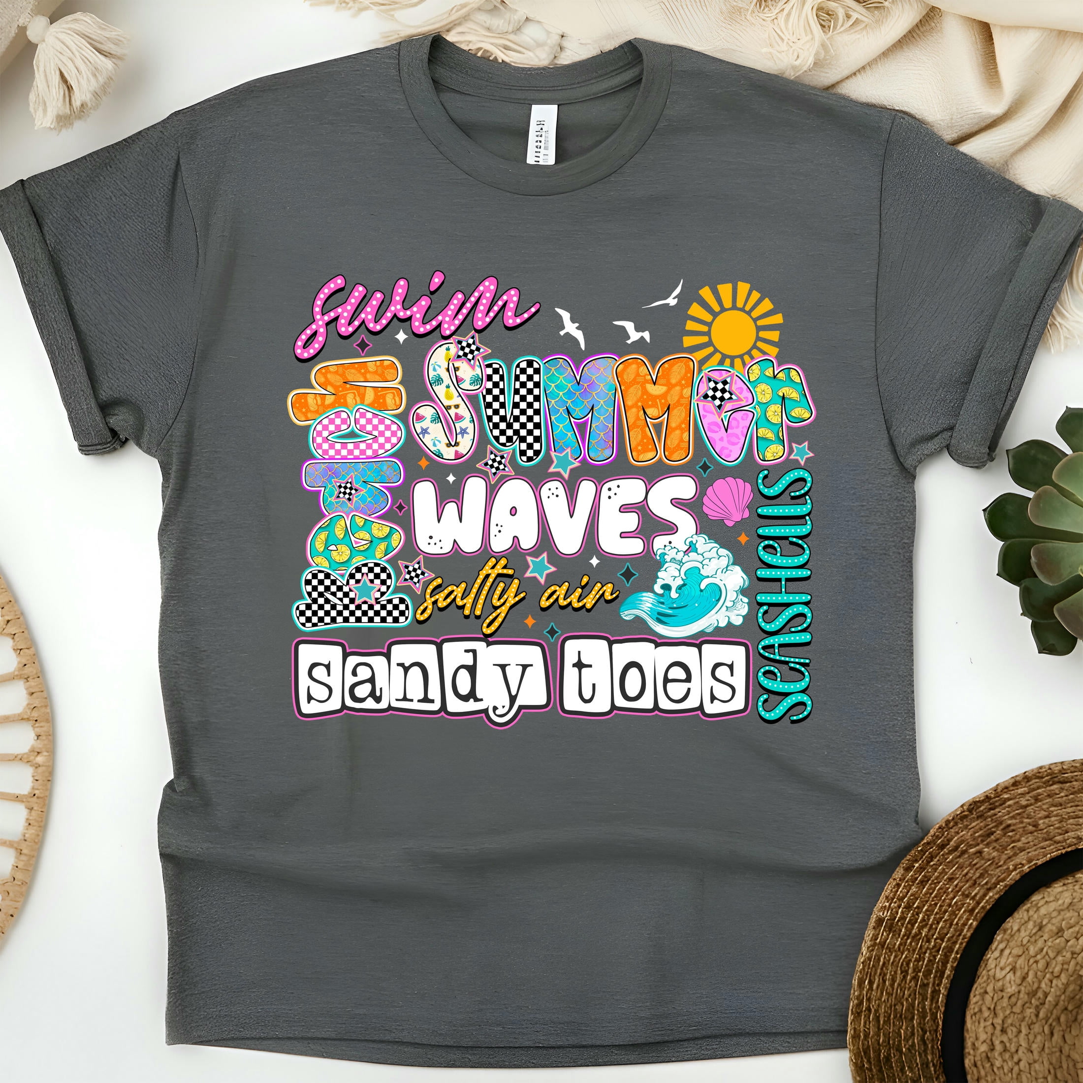 Swim Summer Waves Shirt – Sandy Toes Salty Air Seashells Tee, Dark ...