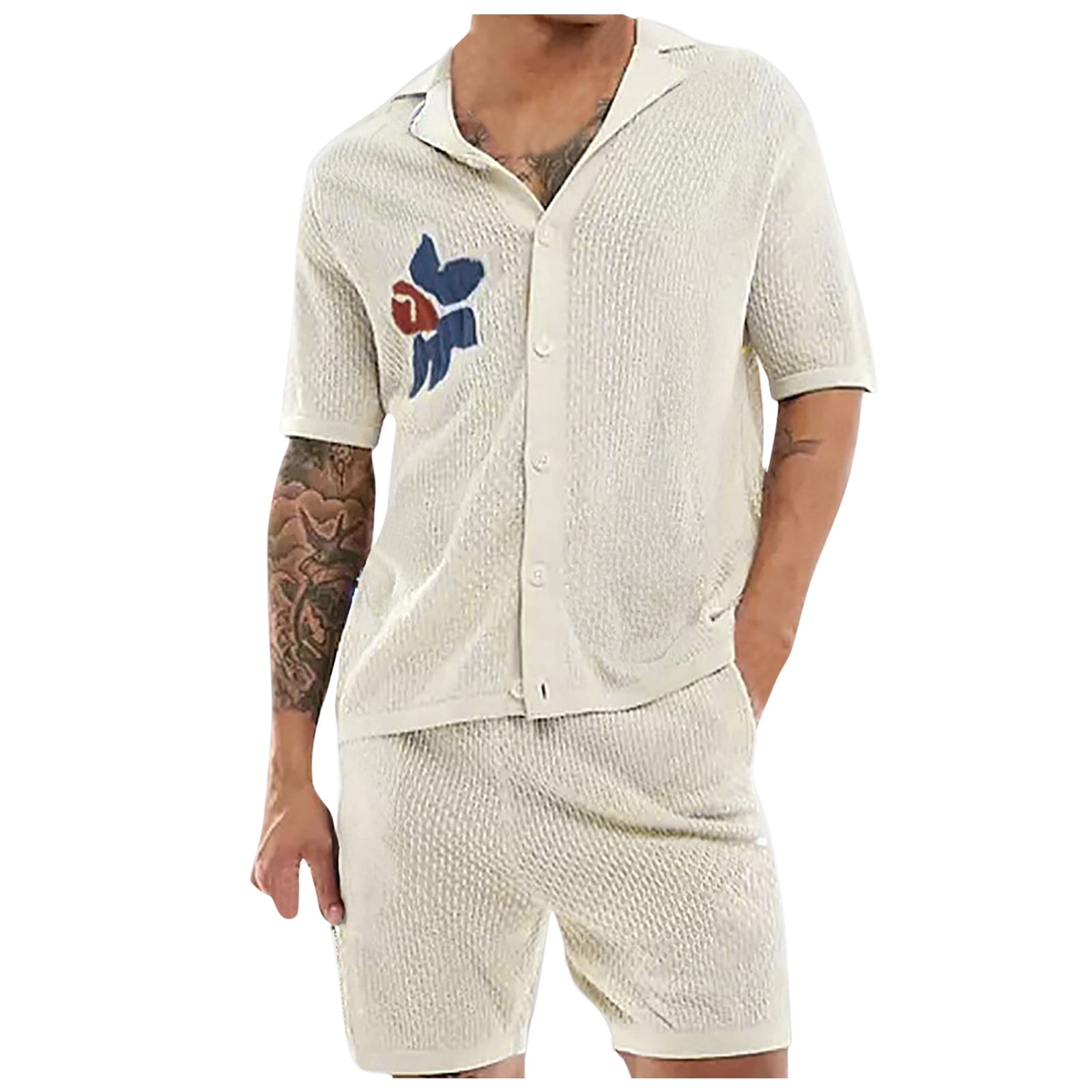 Swim Trunks Men Summer Men's Solid Color Jacquard Knit Shirt Suit ...