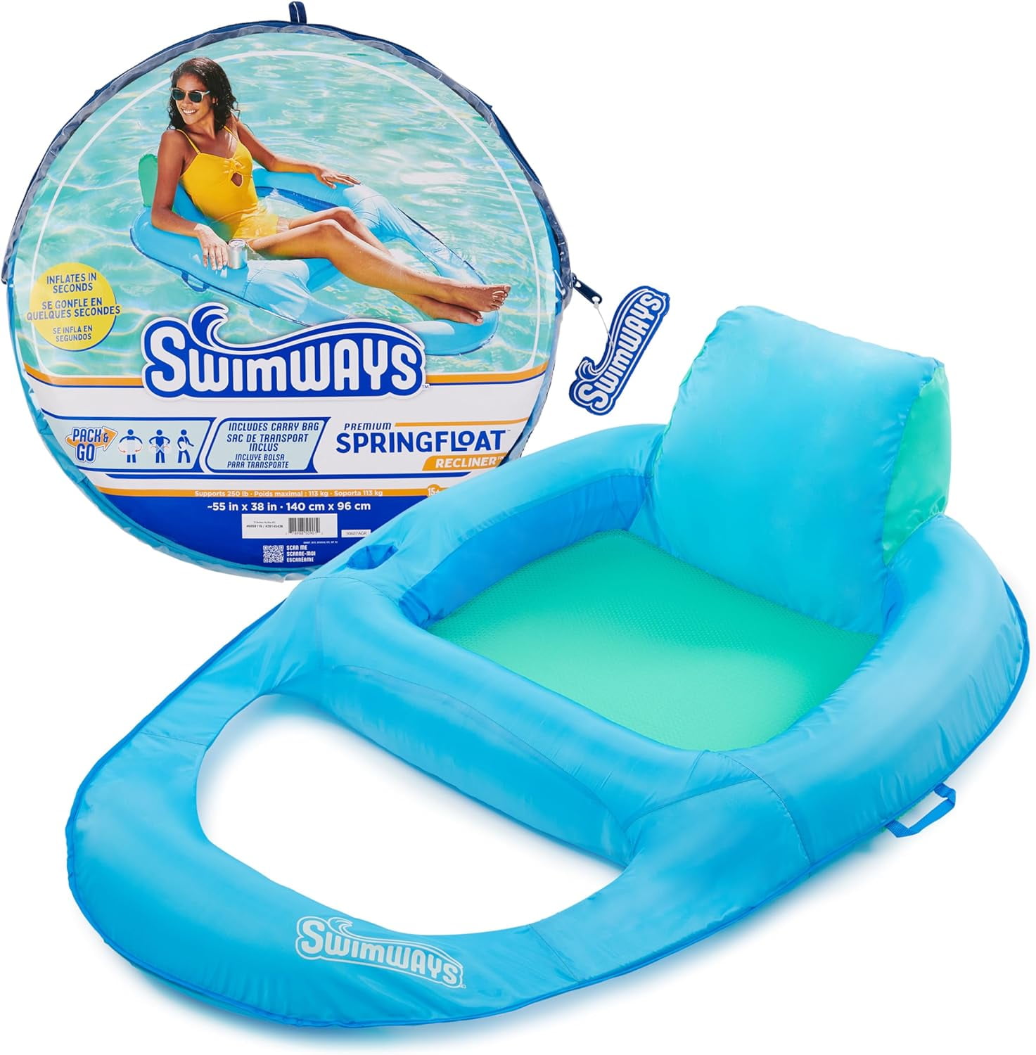 SwimWays Spring Float Premium Recliner Pool Lounger for Swimming Pool, Inflatable Pool Floats ...