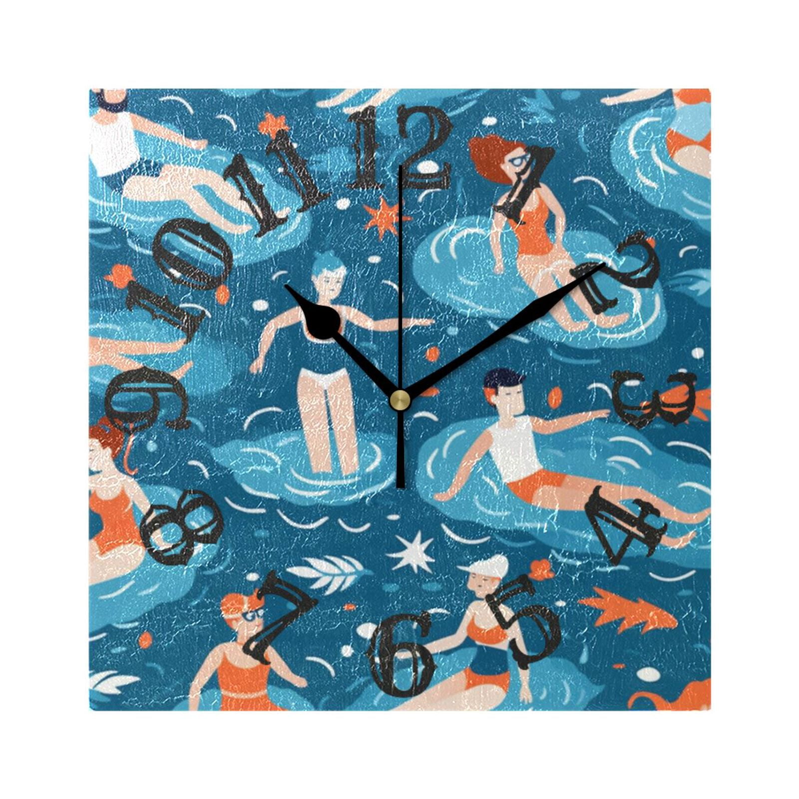 Swimmer Fish Sea Wall Clock Square Silent Non Ticking Battery Operated ...