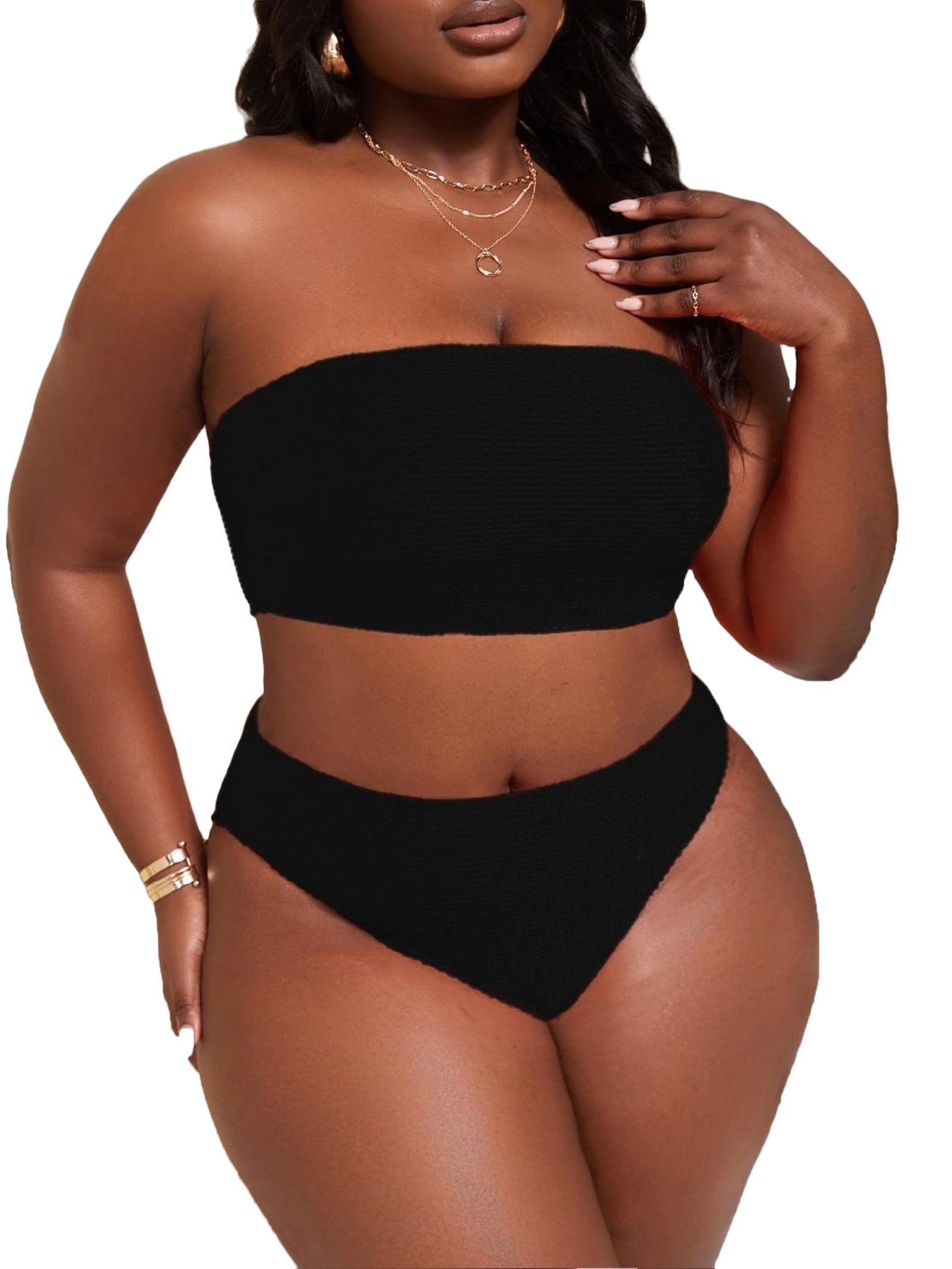 Swimming And Beach Plain Bandeau Black Plus Size Bikini Sets 0xl