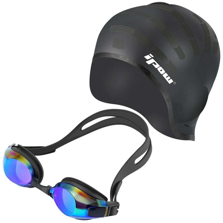 Swimming Cap and Goggles Set,IPOW Silicone Swim Cap Hat Anti-fog ...