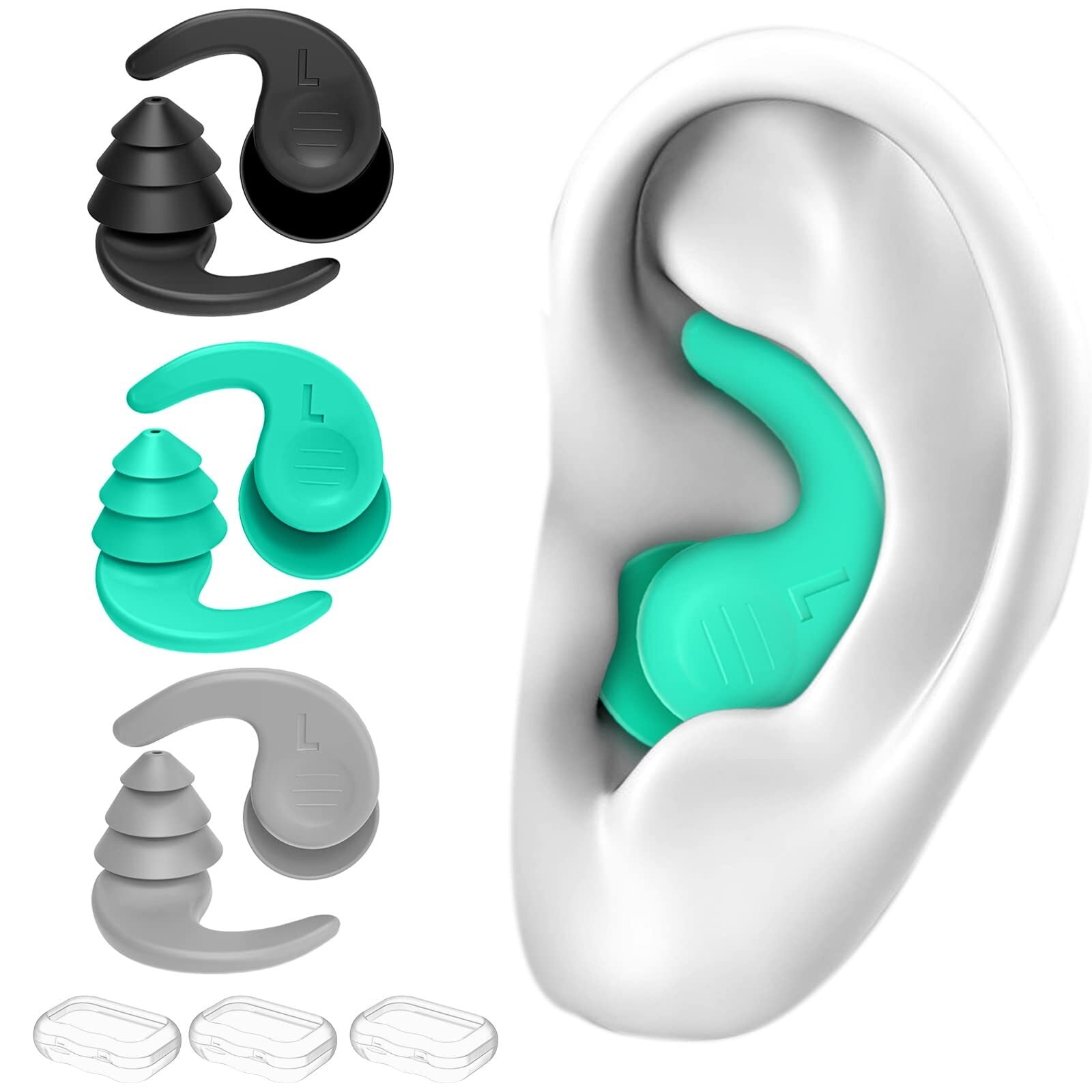 Swimming Ear Plugs for Adults,3 Pairs Waterproof Reusable Silicone Swim ...