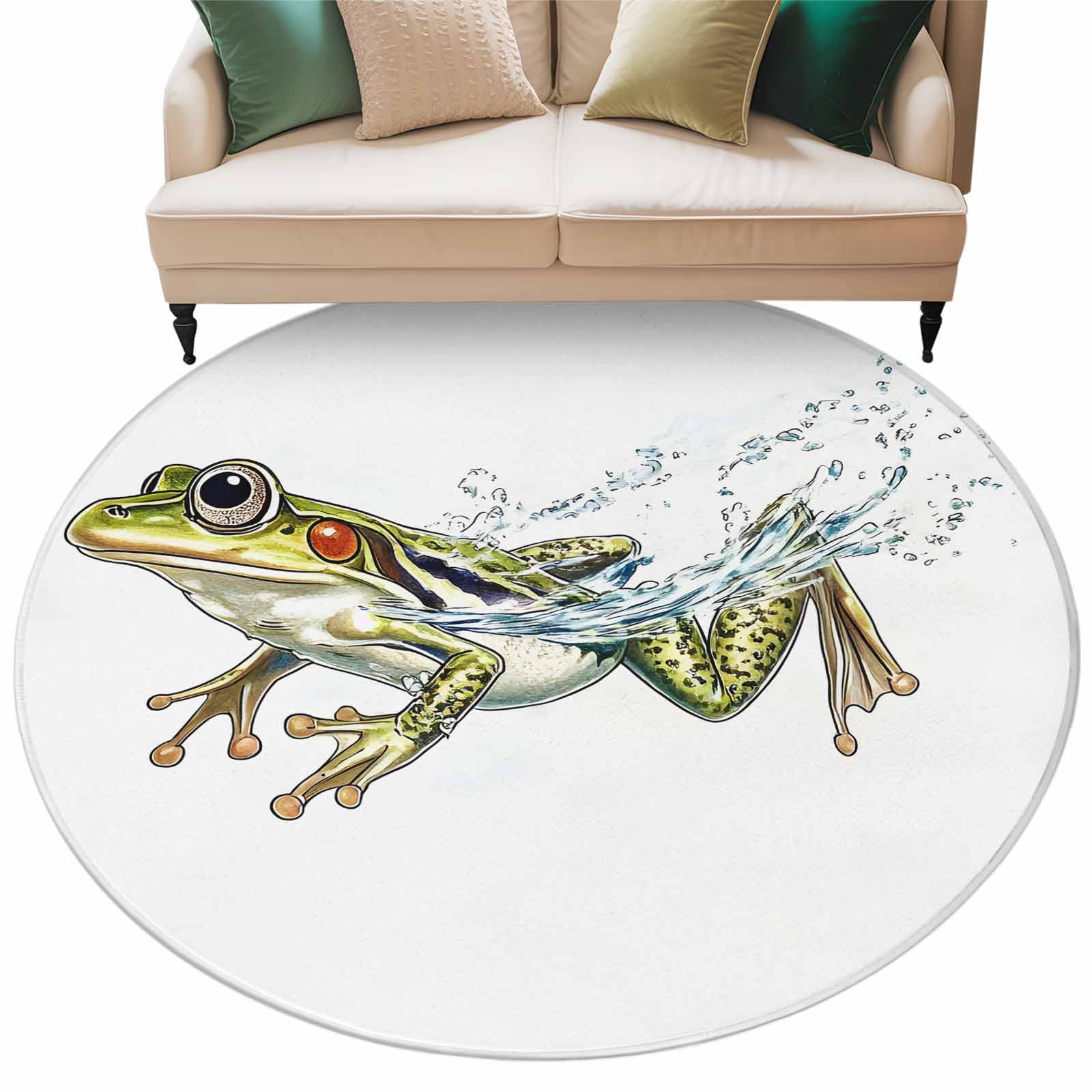 Swimming Frog Area Rug, Vintage Frog Washable Large Circle Carpet, Non ...