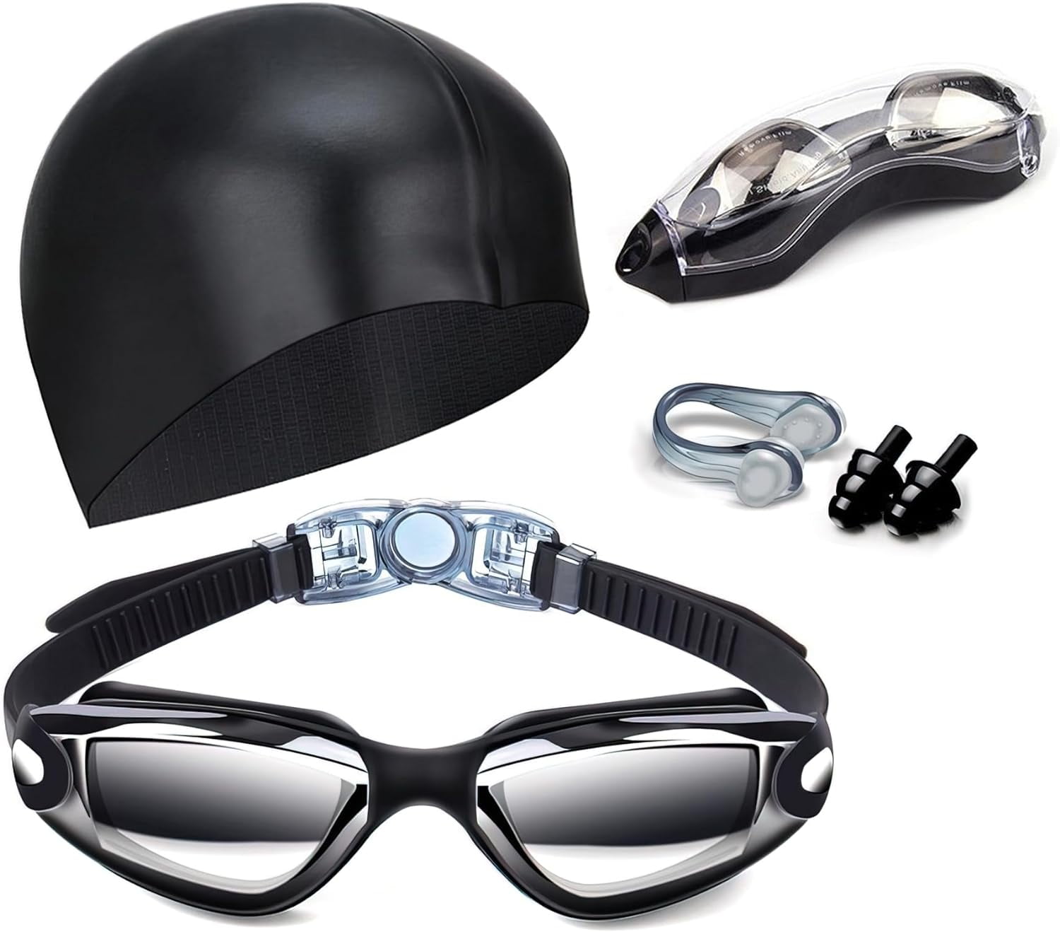 Swimming Goggles No Leaking with Nose Clip, Earplugs, Swim Cap and Case ...