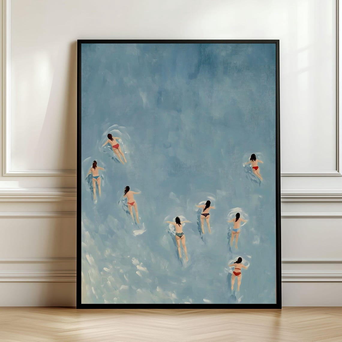Swimming In The Beach Summer Poster, Tiny People, Modern House Blue ...