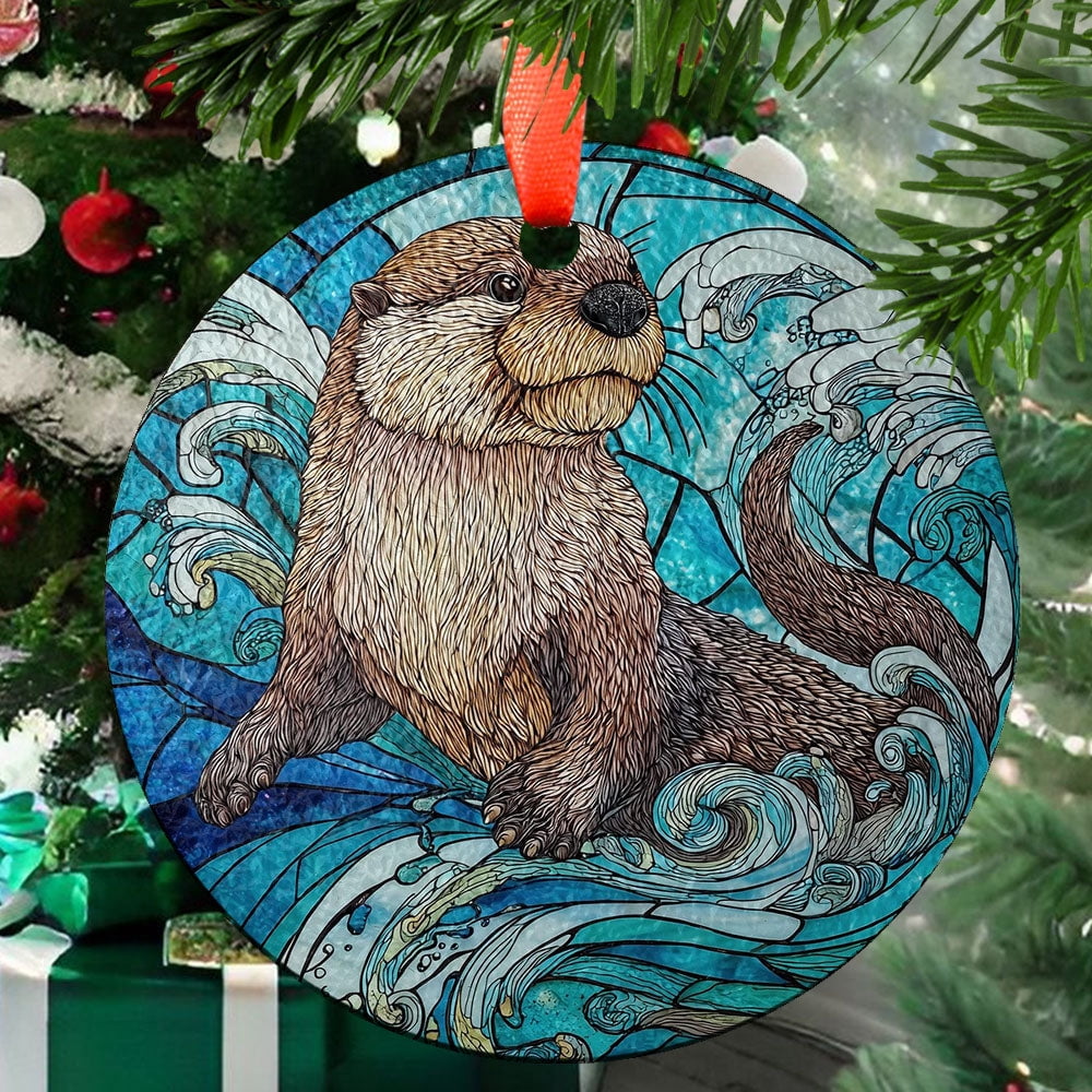 Swimming Otter Ornament Suncatcher, Otter and Flowers Window Hanging ...