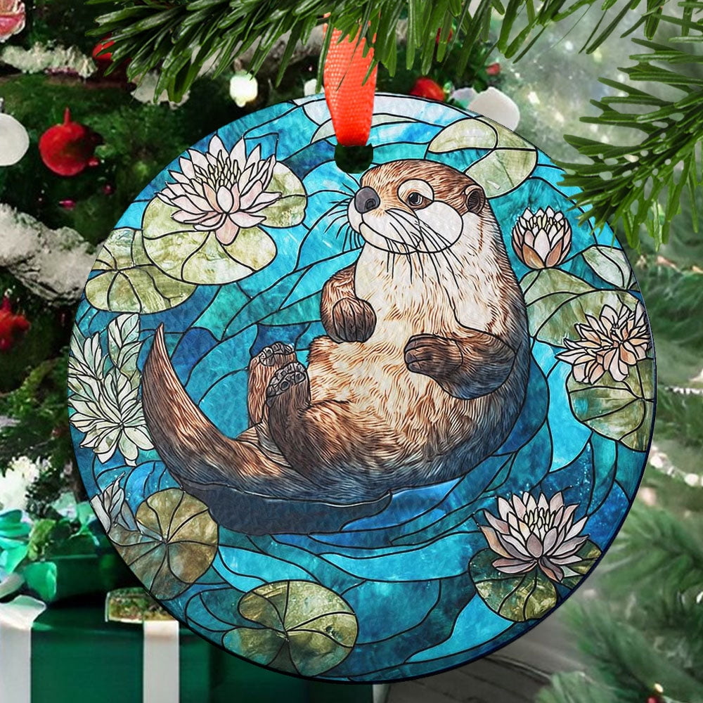 Swimming Otter Stained Glass Suncatcher, Otter and Flowers Window ...
