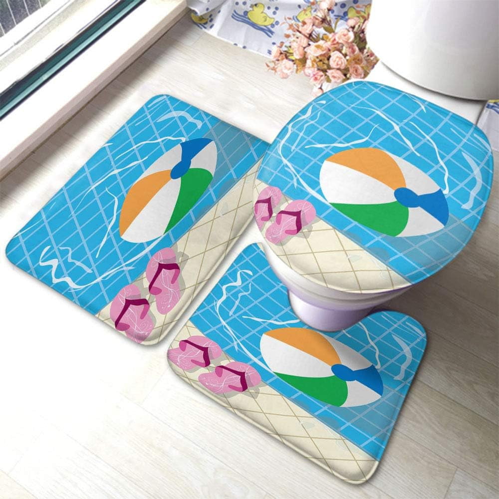 Swimming Pool 3 Pieces Bathroom Rug Set Ball Beach Flip Flop Summer Non ...