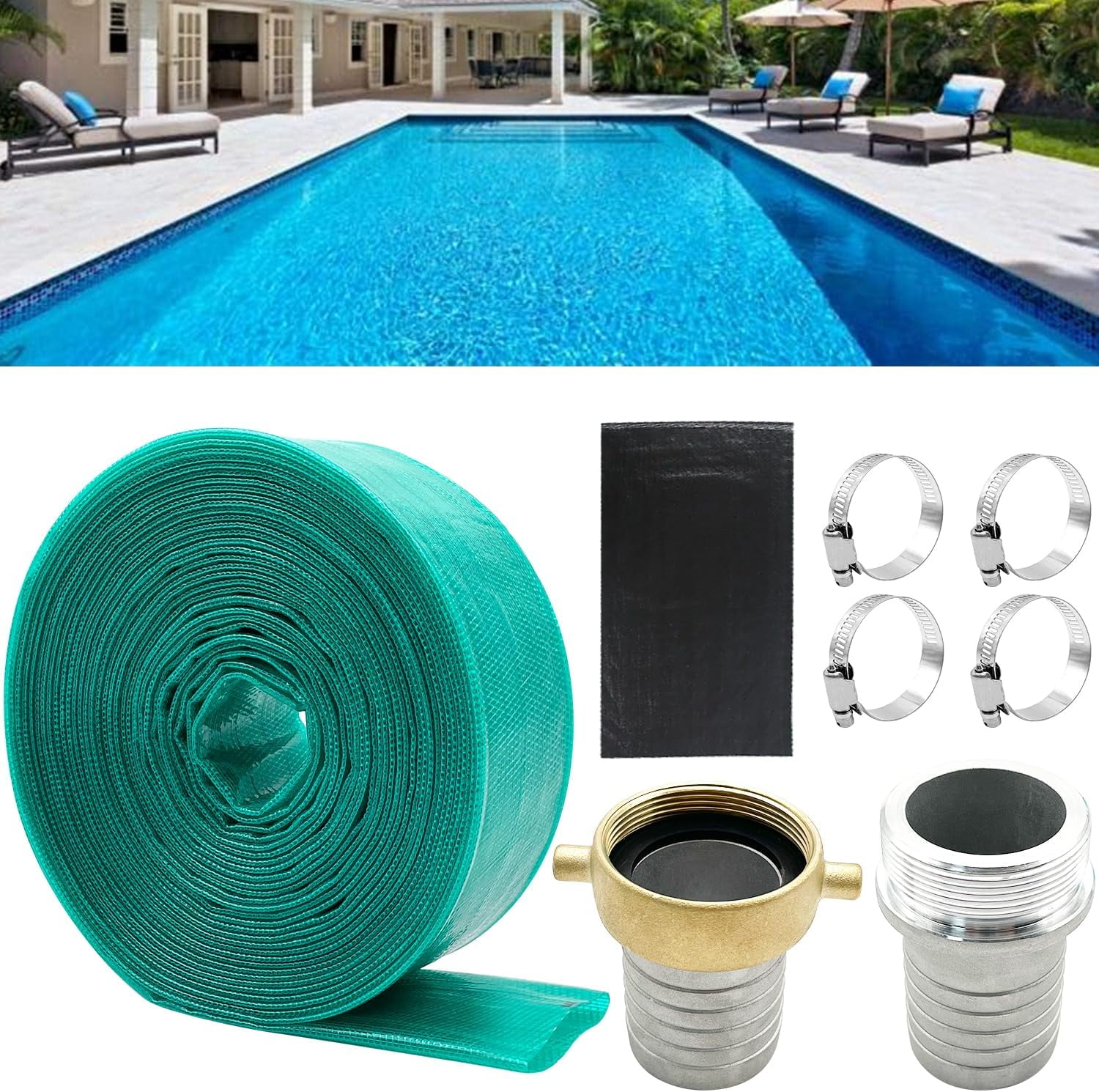 Swimming Pool Backwash Hose with 4 Pcs Heavy Duty Durable Aging Resistance Hose Clamp (with Pin ...