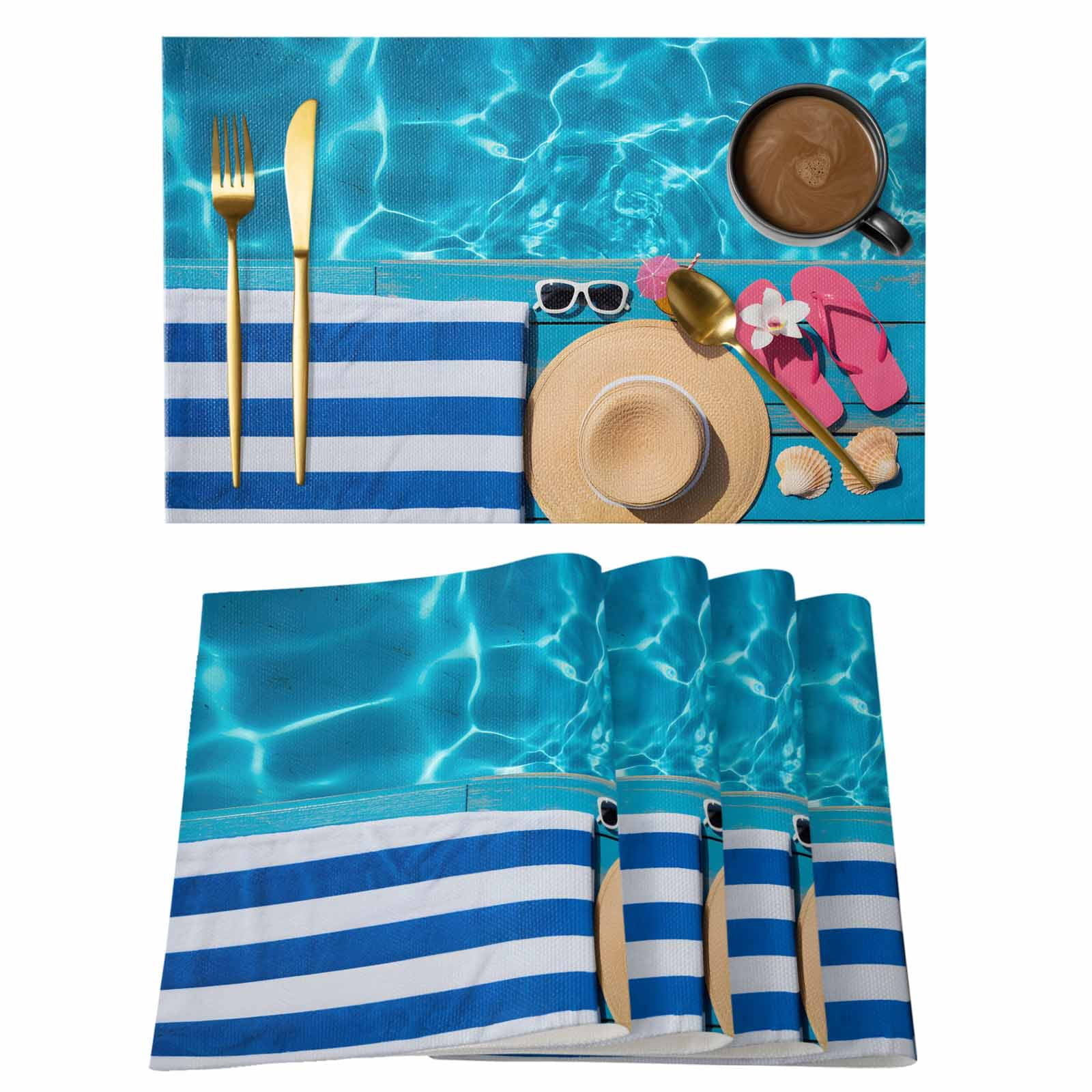 Swimming Pool Placemats Set of 6, Blue Summer Beach Sea Ocean Placemats ...
