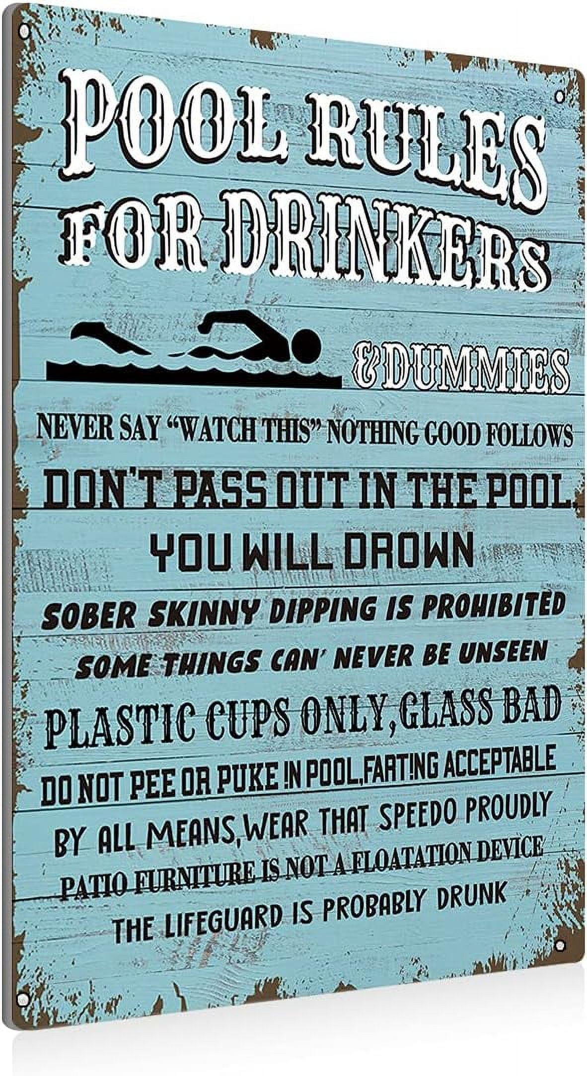 Swimming Pool Rules for Drinkers - Metal Tin Wall Decor, Blue Pool Sign ...