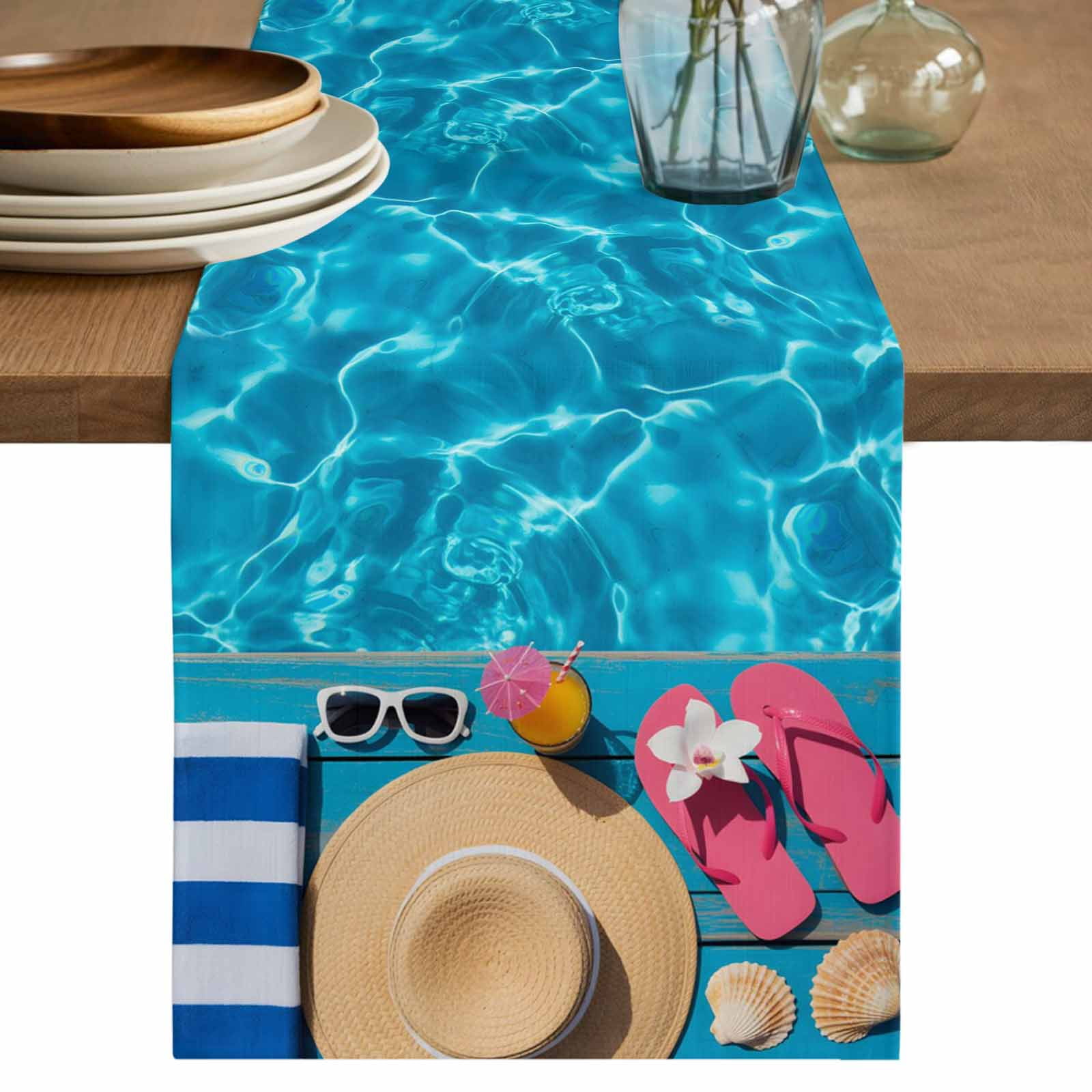 Swimming Pool Table Runner 72 Inches, Blue Summer Beach Sea Ocean Bed ...
