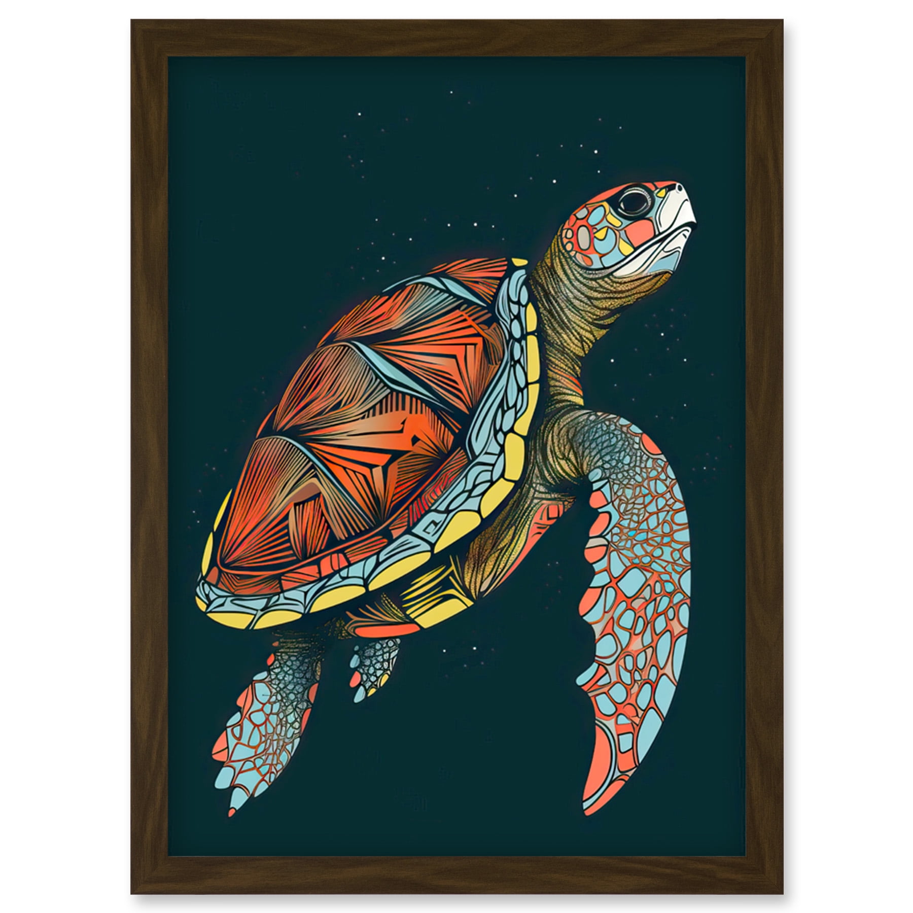 Swimming Sea Turtle Modern Folk Art Illustration Artwork Framed Wall ...