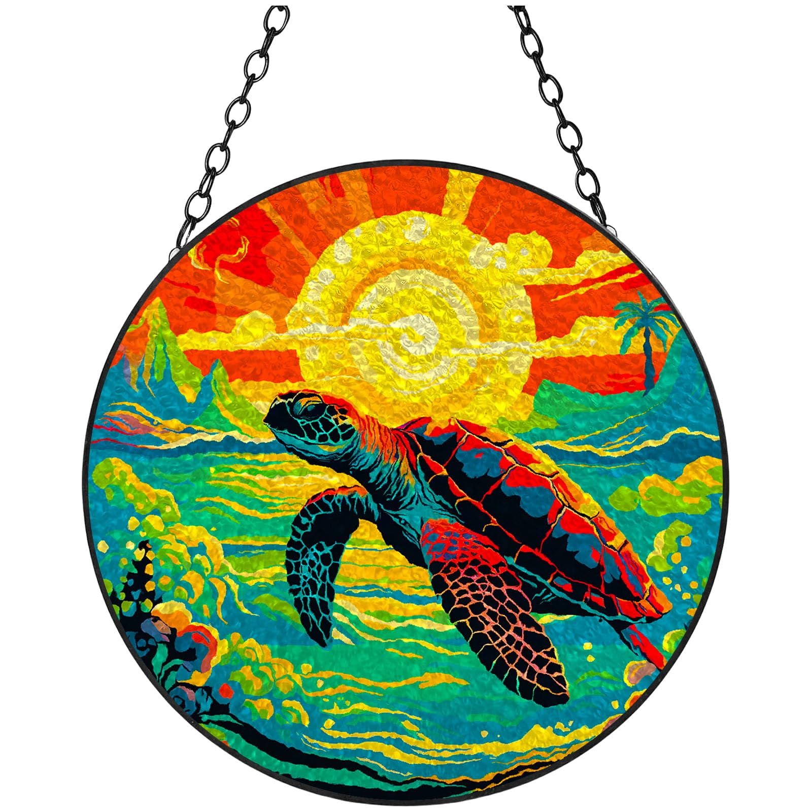 Swimming Sea Turtle Sunset Stained Glass Suncatcher Handmade Window ...