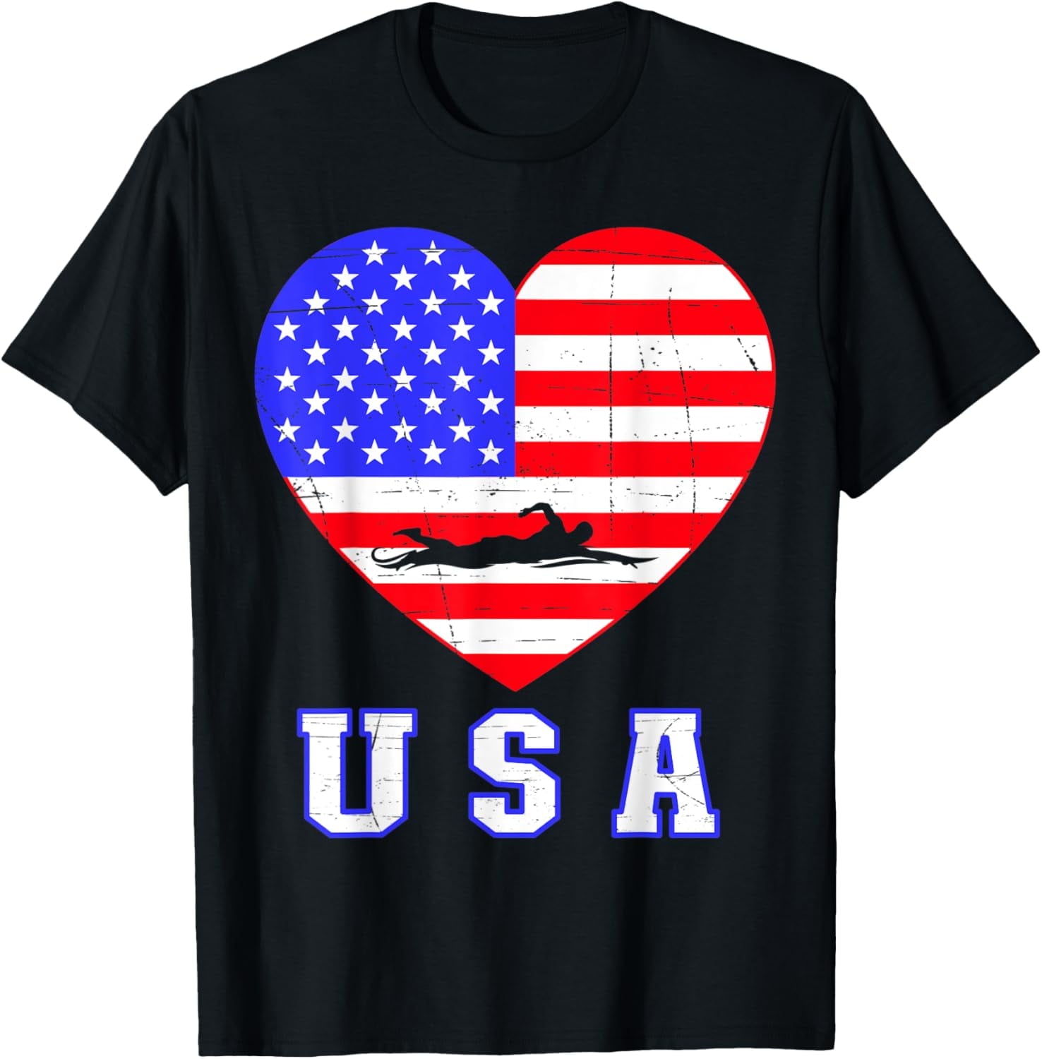 Swimming USA American Flag Heart, Swim Team Distressed T-Shirt ...