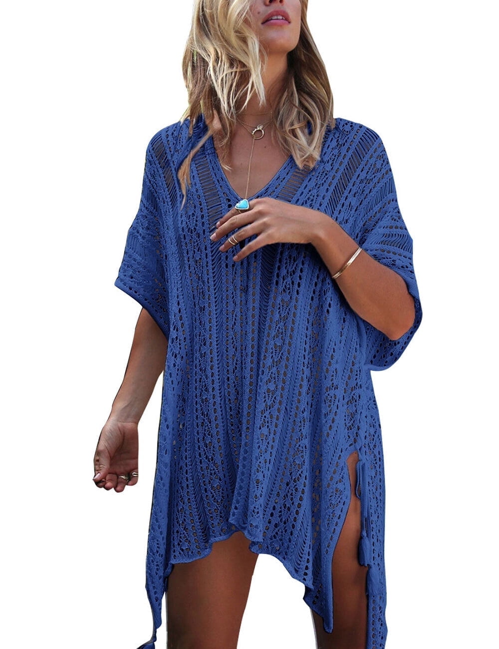 Shermie Women's Beach Cover Up Swimwear Crochet Tunic with Drawstring ...