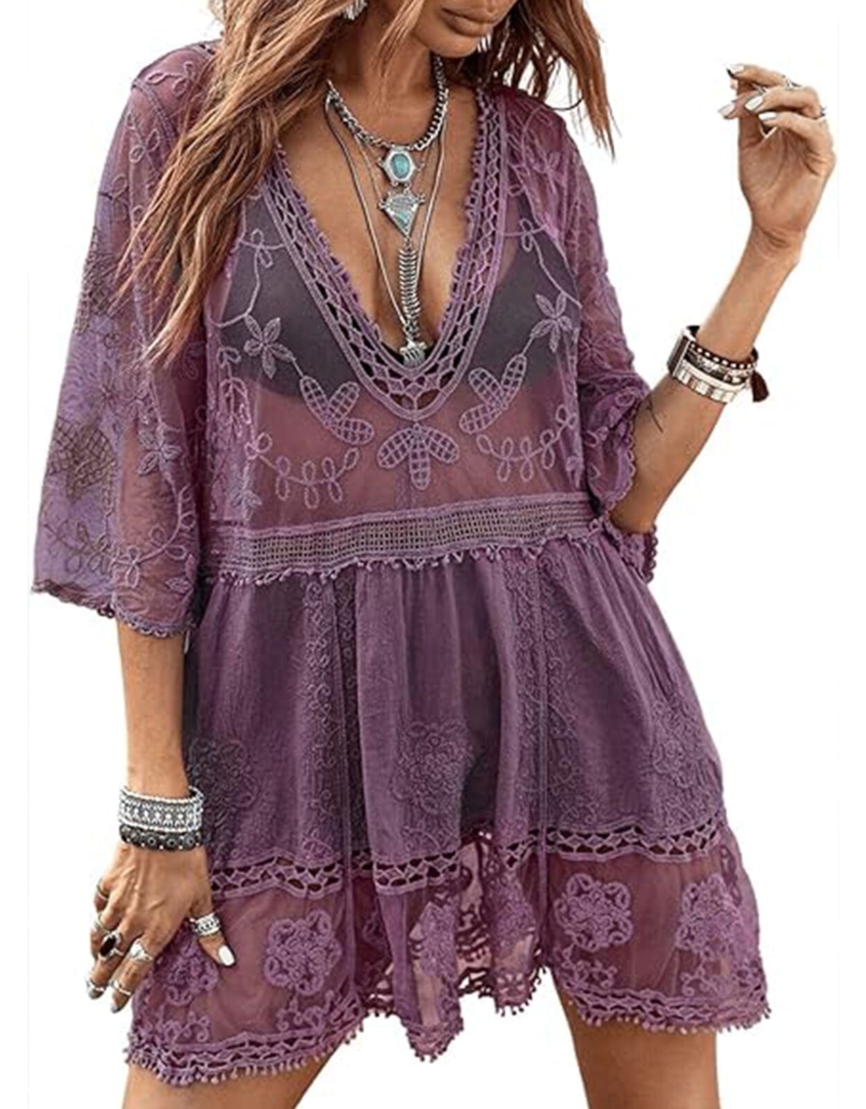 Alsol Lamesa Swimsuit Coverup for Women, Lace Crochet Beach Cover Up ...