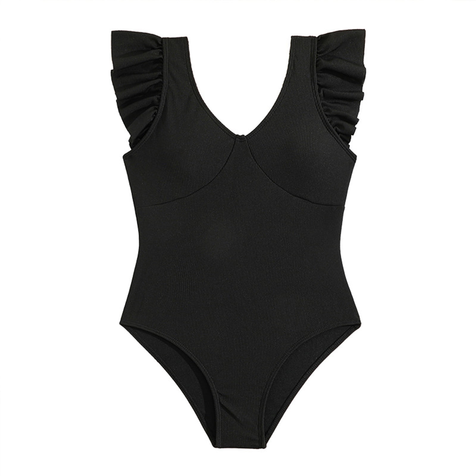 Swimsuit for Girls Kids One Piece Ruffle Sleeve Black Tankini Deep V ...