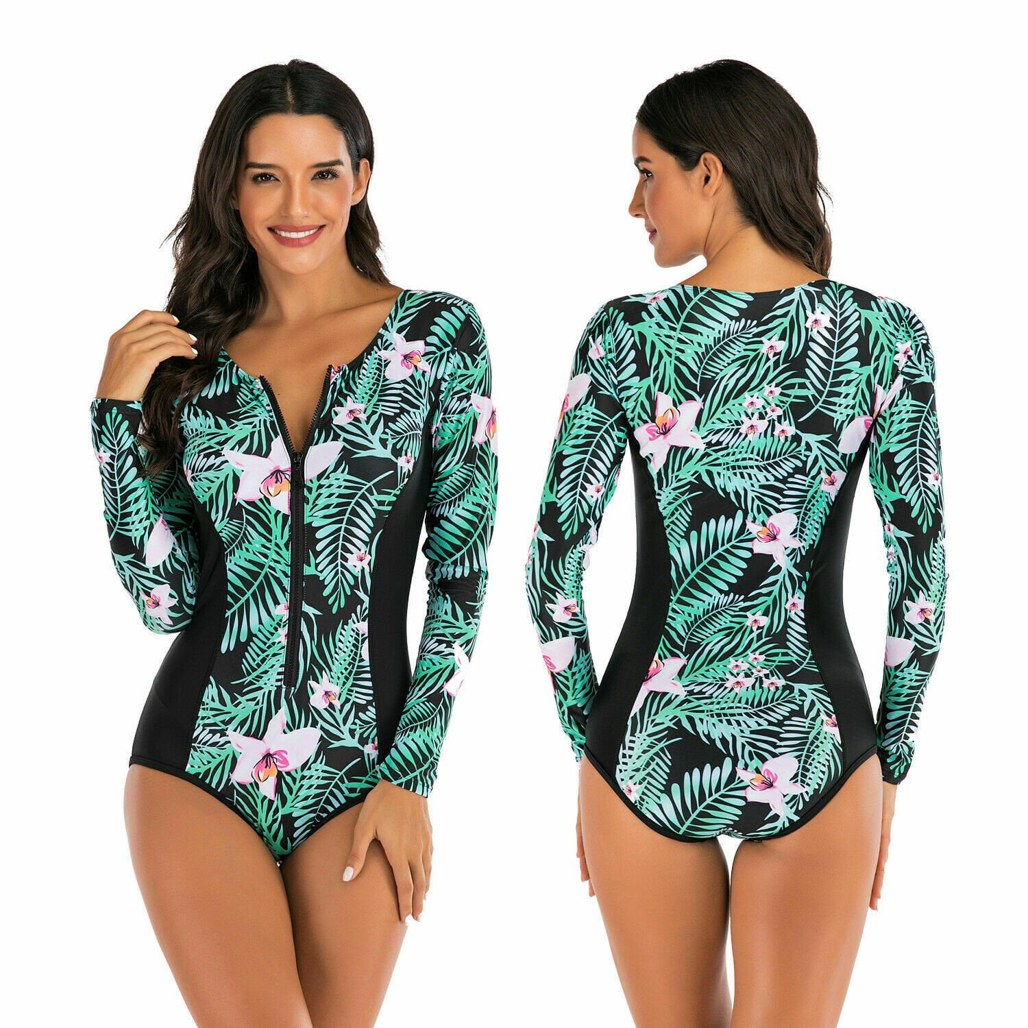 Swimsuit For Women Long Sleeve Printed Zip Front Conservative Bathing