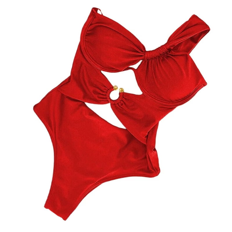 Swimsuit for Women Ring Linked Monokini Bathing Cutout Swim Suit Red L ...