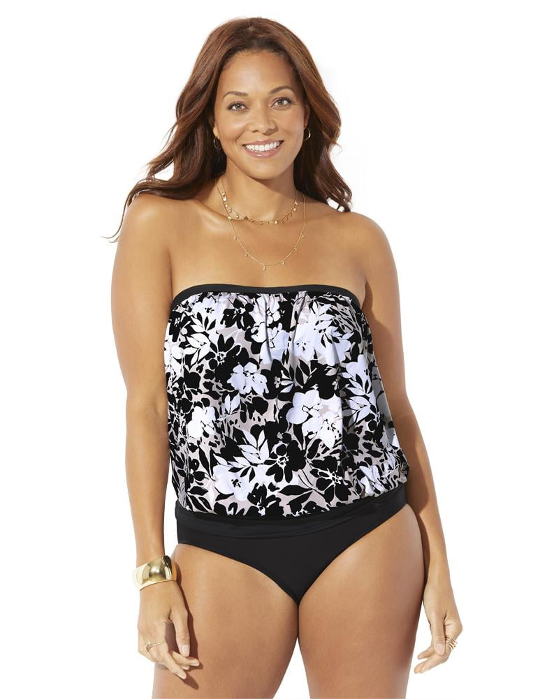 Swimsuits For All Womens Plus Size Bandeau Blouson Tankini Set 14