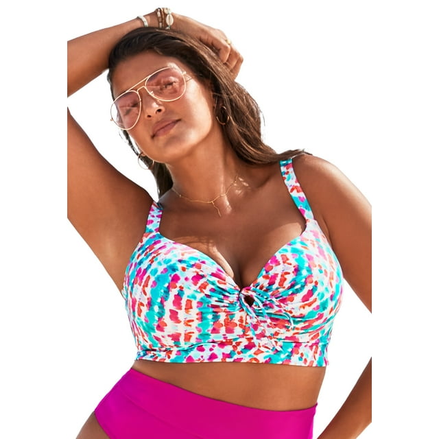 Swimsuits For All Womens Plus Size Bra Sized Tie Front Longline