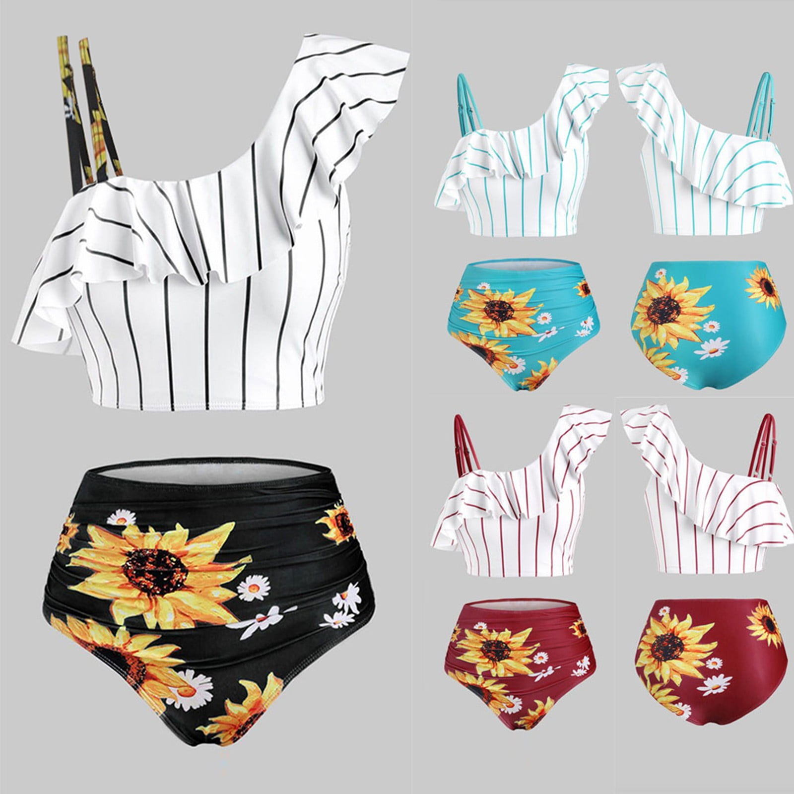 Swimsuits For Women 2025 One Shoulder Ruffles Striped Bikini Set 2 ...